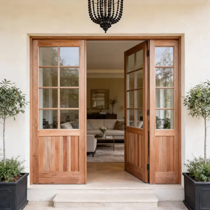 Cottage Pane Top/Vertically Slatted Bottom Panel Double Wooden Doors ...
